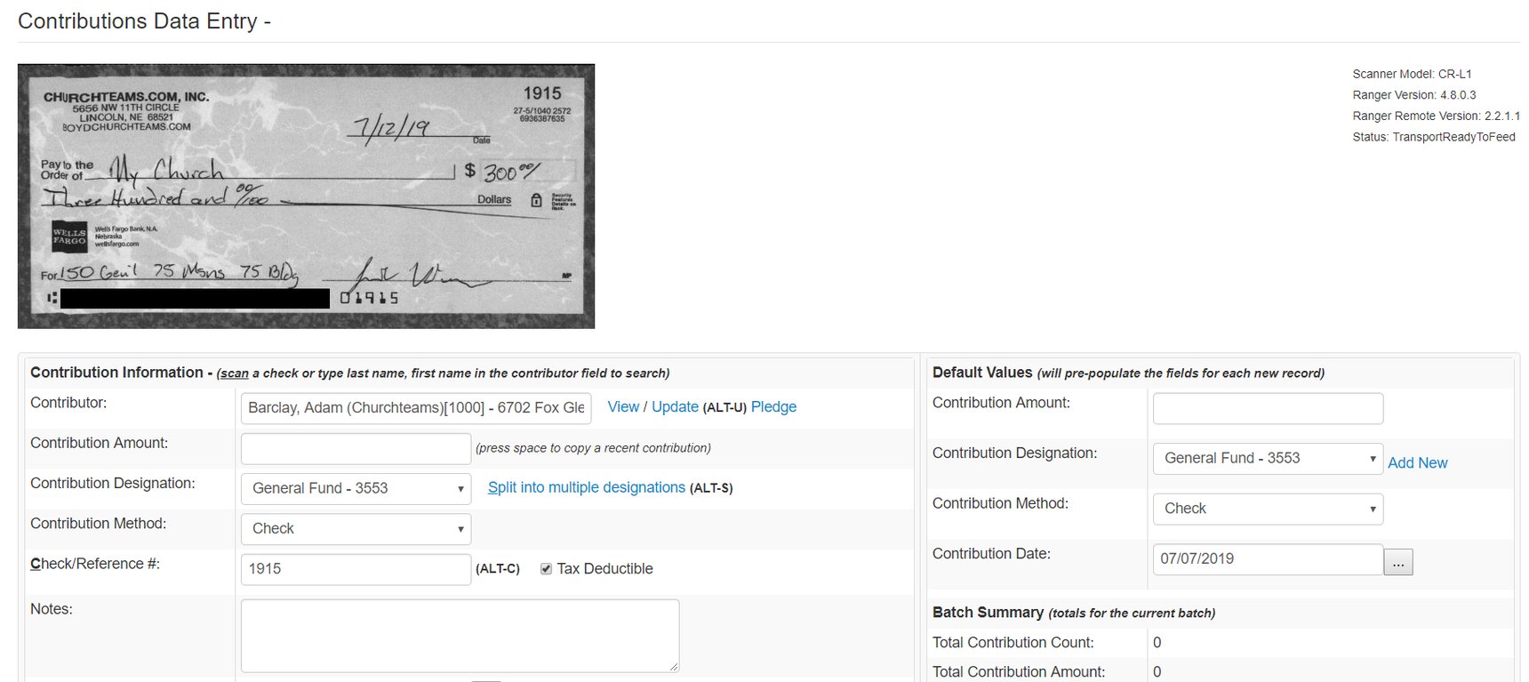 Can you use a check scanner with image archiving for contributions?