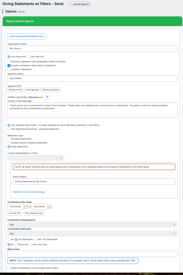How do I send out contribution / giving statements?