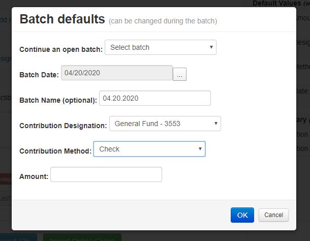How do I enter giving contributions in Churchteams (Batch Entry)?