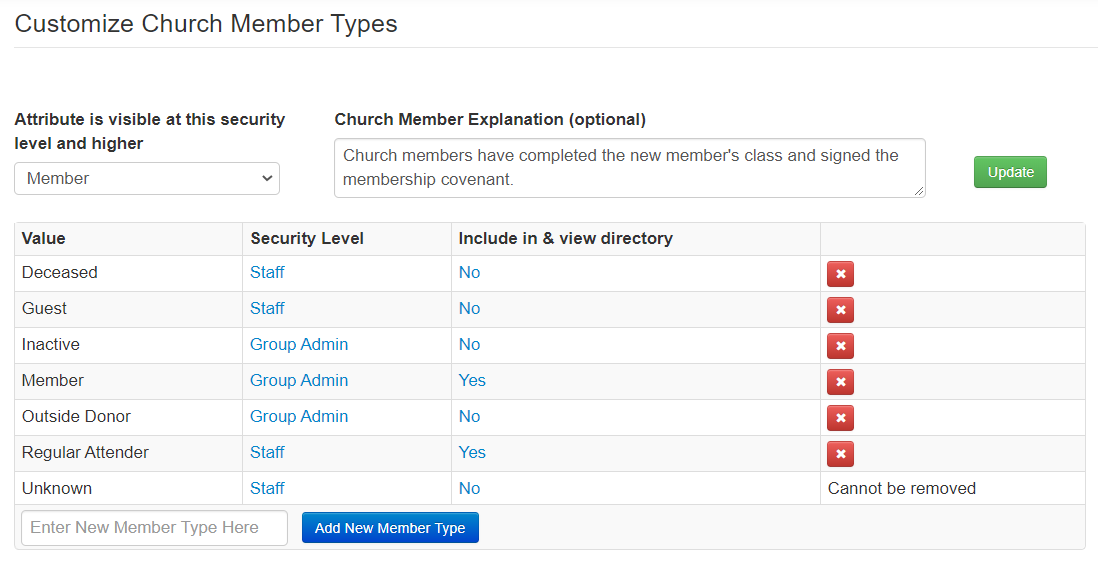 How do you make church member type viewable at one level, but editable ...